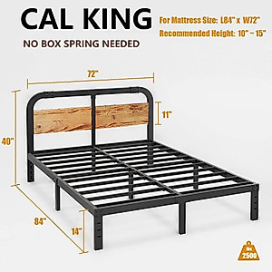 Aardhen California King Bed Frame 14 Inch Rustic Wood Headboard, Heavy Duty Steel Slats Support, Easy Assembly, No Box Spring Needed, Quiet and Sturdy