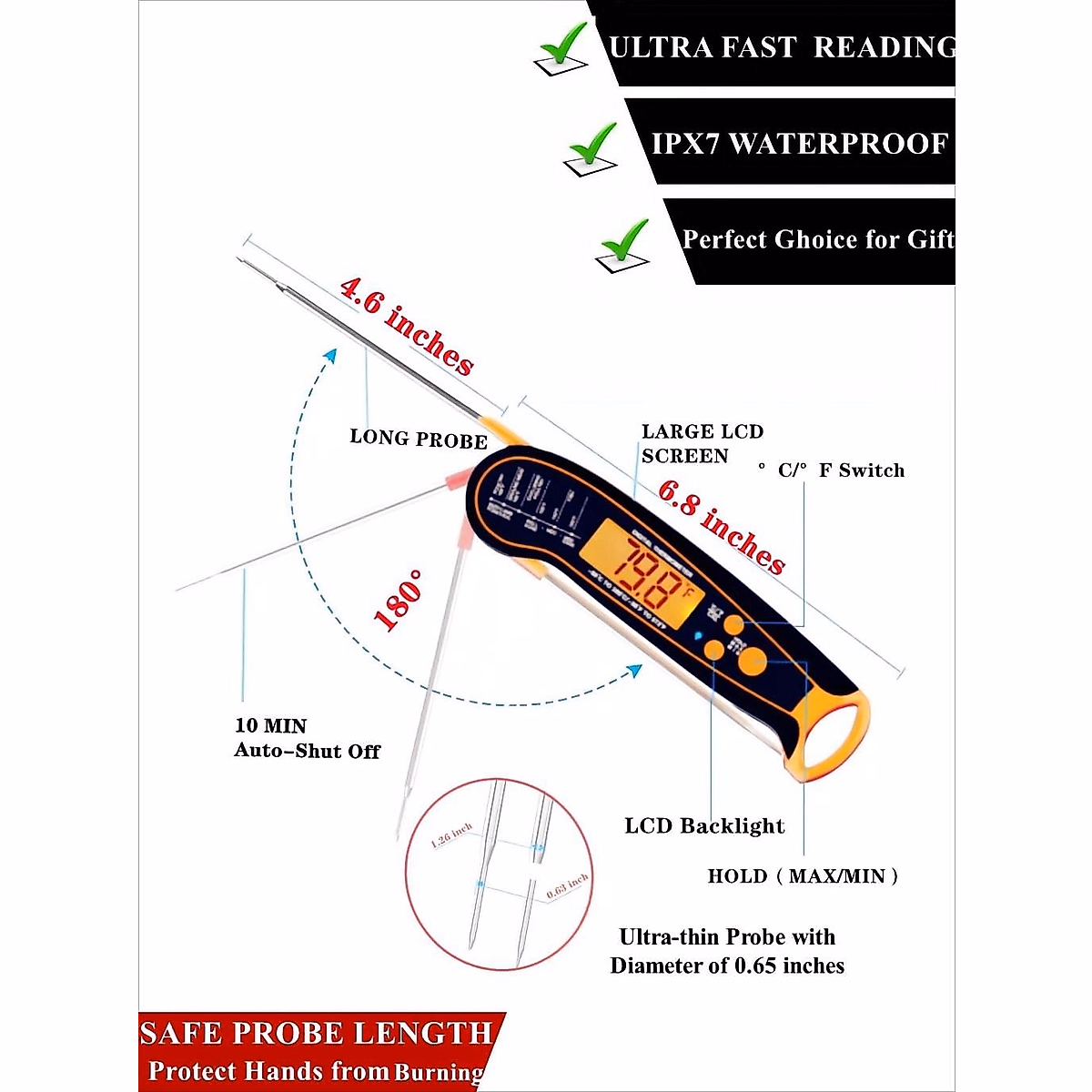 KUKVINA Waterproof Digital Instant Read Meat Thermometer for Cooking, Grilling, BBQ, Kitchen & Candy, Ultra-Fast Food Thermometer with Folding Probe，Backlight & Calibration Function