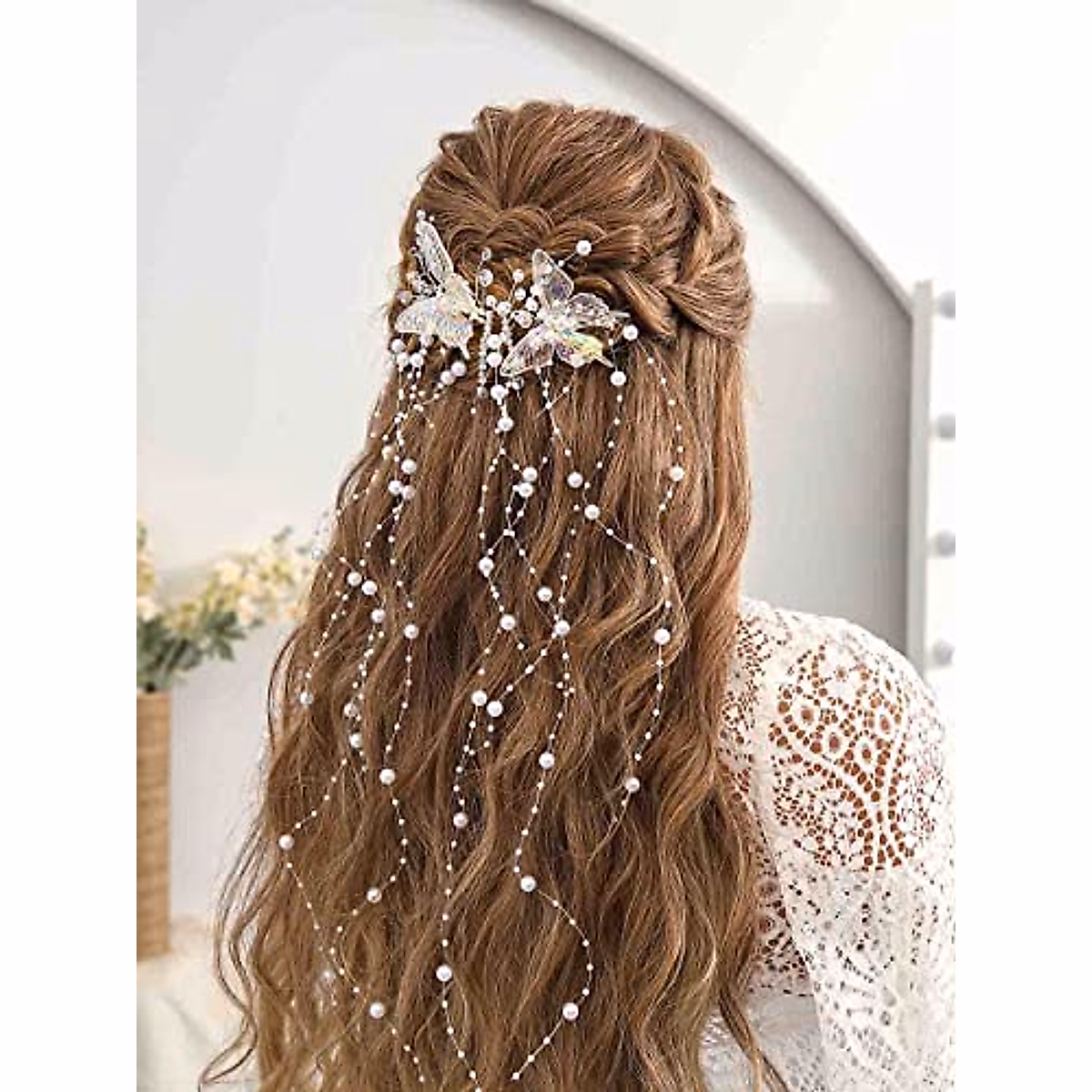 CASDRE Butterflies Bride Wedding Hair Vine Silver Pearl Bridal Headband Rhinestone Headpiece Hair Accessories for Women and Girls