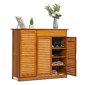 MoNiBloom 4 Tier Shoe Storage Cabinet with 1 Drawer & Shutter Door, Bamboo Shoes Organizer Rack for 16-20 Pairs Living Room Entryway Hallway, Brown