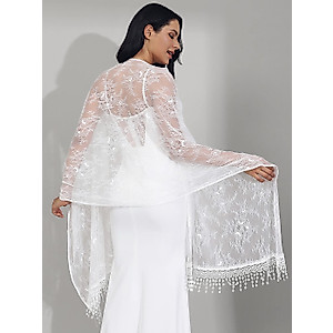 Aukmla Lace Shawls and Wraps for Weddings Fringe Evening Scarf Party Cover Up Bridal Accessories for Women and Brides (White)