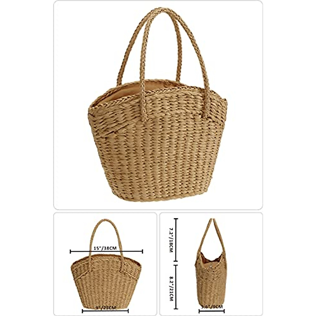 So'each Women's Handbag Wicker Woven Rattan Straw Tote Bag Basket Shoulder Bag Khaki