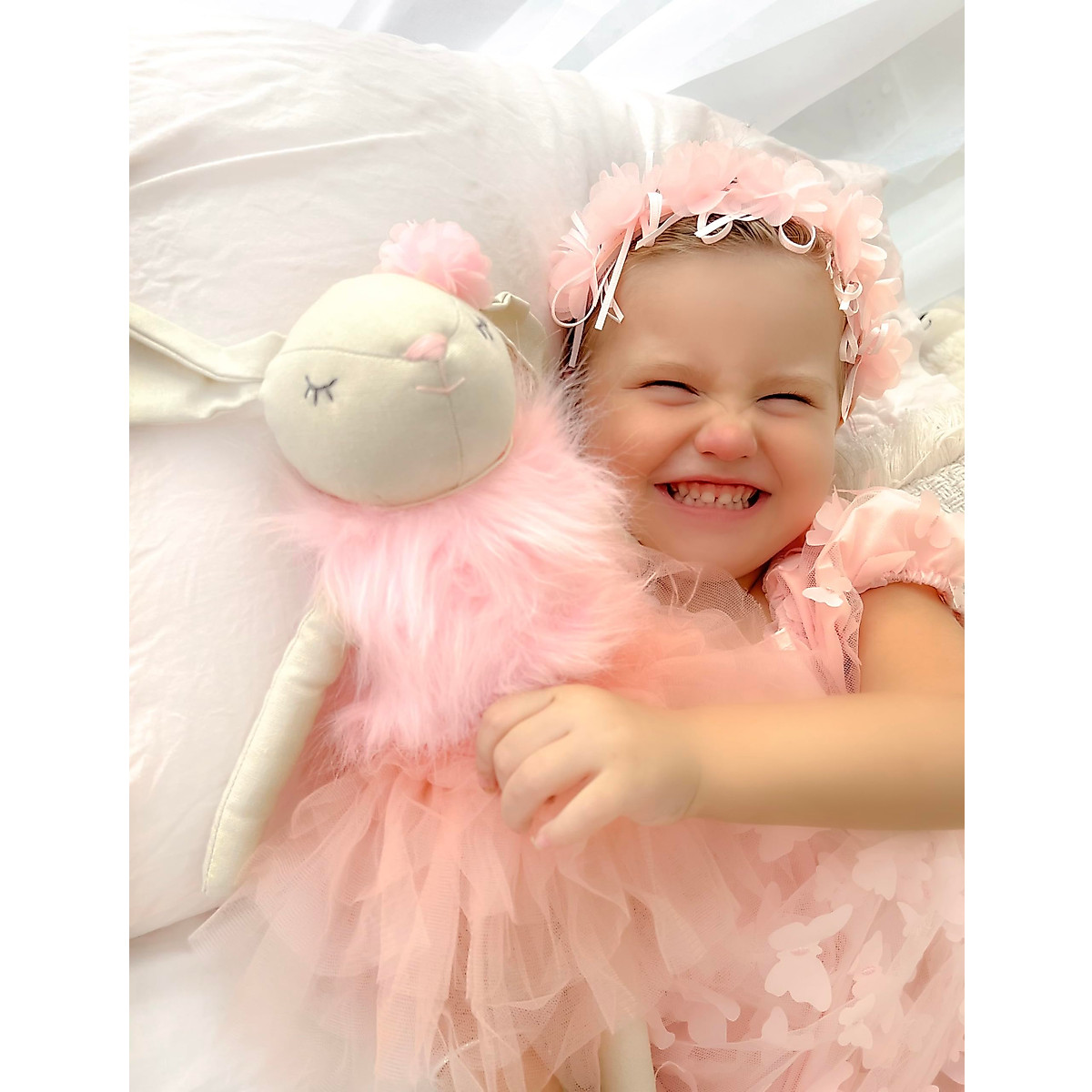 Inspired by Jewel - Lilly The Bunny | Beautiful Cream Cotton Linen Plush Doll with Floppy Ears, Arms & Legs | Authentic Pink Ballerina Tutu, Slippers & Cuddly Fur Top | Soothing Hand Stitched Face