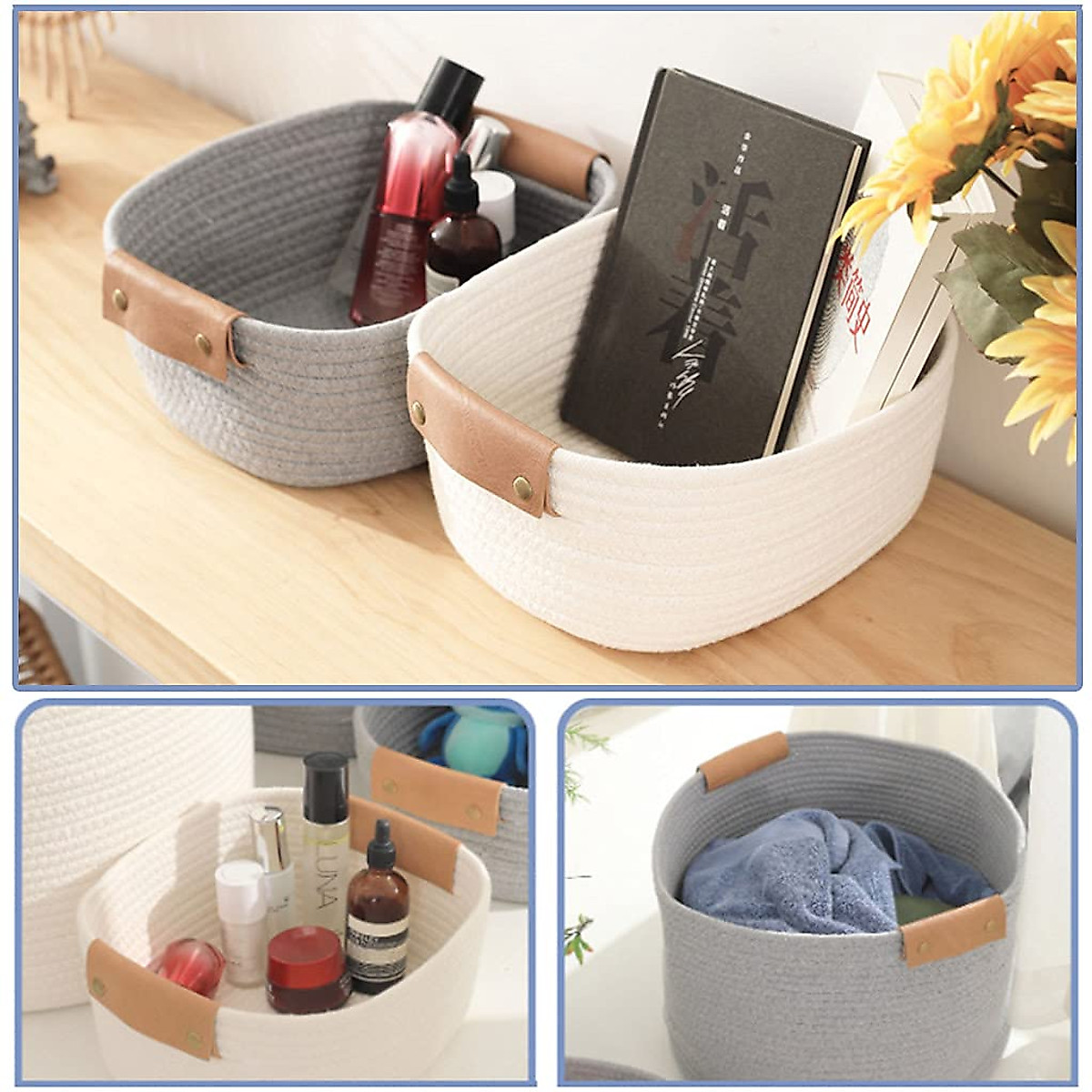 Storage Box - Hand Woven Clothing Laundry Basket Clothes Storage Bucket Hamper with Handle Toy Storage Organiser White and Grey