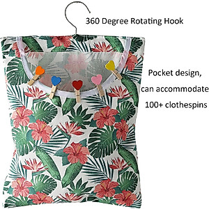 IcosaMro Clothespin Bags Set of 2 Hanging Outdoor Laundry Clothes Pin Holder Waterproof Clothes Pin Hanging Bag Clothespin Storage Organizer with Large Opening, Tropical Leaf Pattern 15x11 Inches
