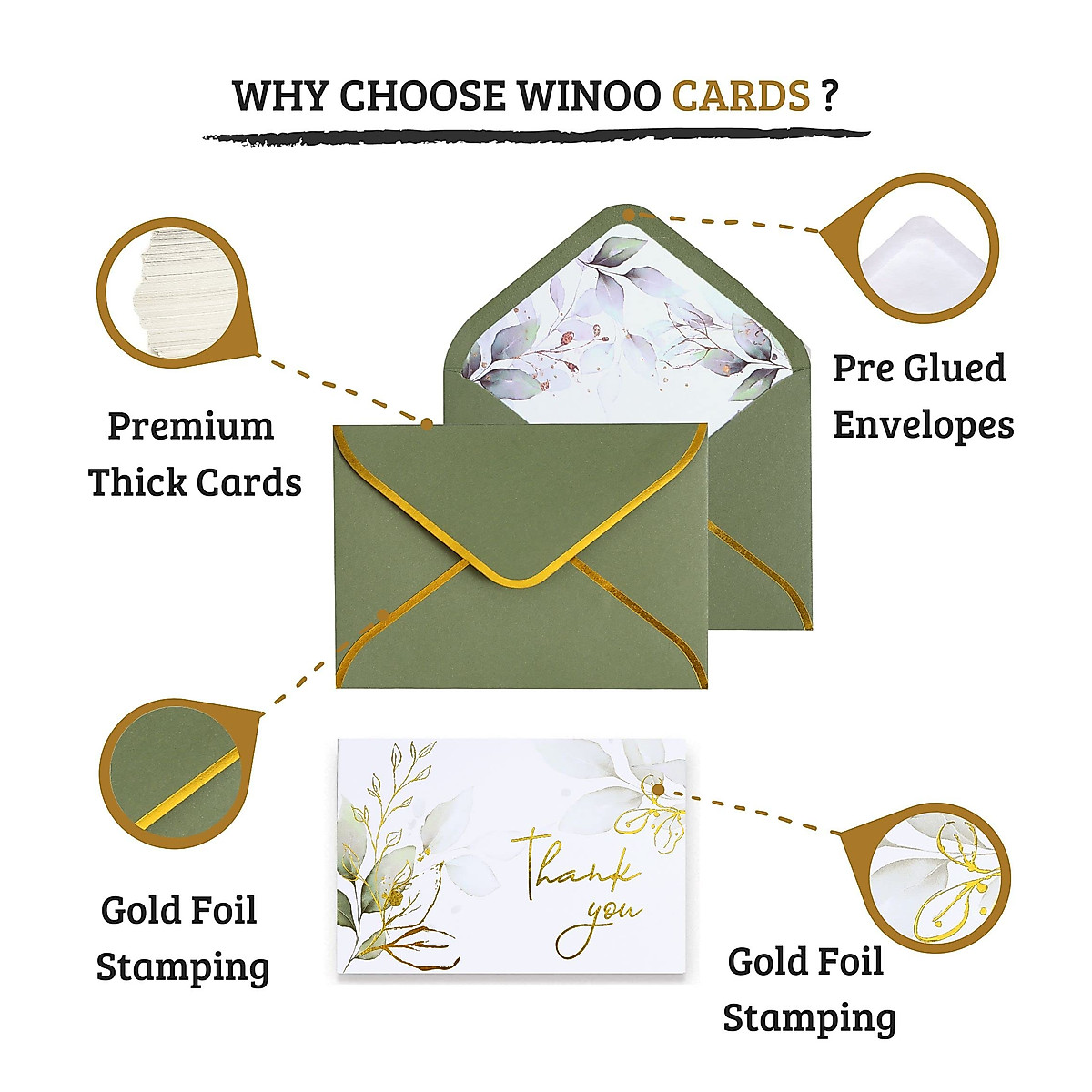 Winoo Design 100 PK Luxurious Gold Thank You Cards with Envelopes Bulk Sage Green - 5x3.5 Inches Wedding Thank You Notes Baby Shower Greenery Bridal Shower Small Business