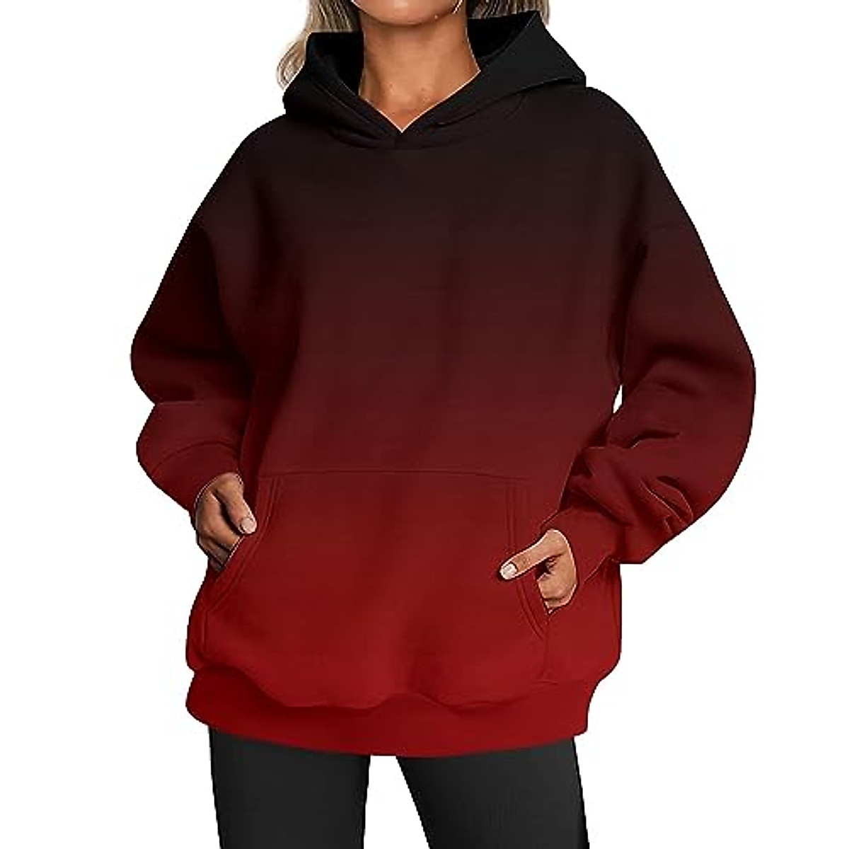 LTTVQM Hoodie for Women Long Sleeve Drawstring Hoodie Pullover Sport Casual Winter Sweatshirt with Pocket Hoods Tie Dye Gradient Sweatshirt to Wear with Leggings Blusas De Mujer Red XL