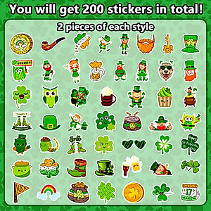 Celaza 200pcs St.Patricks Stickers, Self-Adhesive Stickers with Shamrocks Clover Gold Coin Sticker, St.Patricks Day Goodie Bags Fillers for Kids Wraps Decorations Ornaments