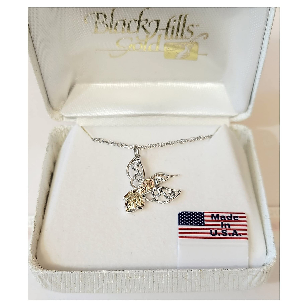 Black Hills Gold Sterling Silver Granulated Bead Hummingbird Pendant Necklace for Women Adorned with 12k Green and Rose Gold Leaf Accents, Ideal Present for Various Occasions, Gift Box Included