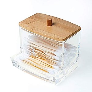 NAGU Acrylic Qtip Holder with Bamboo Lid, Clear Small Cotton Swab Dispenser, Plastic Ear Stick Swabs Holder, Square Toothpick Storage Container, Bathroom Countertop Decorative Storage Organizer
