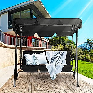 UPHYB Outdoor Patio Swing Chair, Porch Swing with Stand, Adjustable Canopy and Removable Cushions for Backyard, Garden, Poolside, Balcony