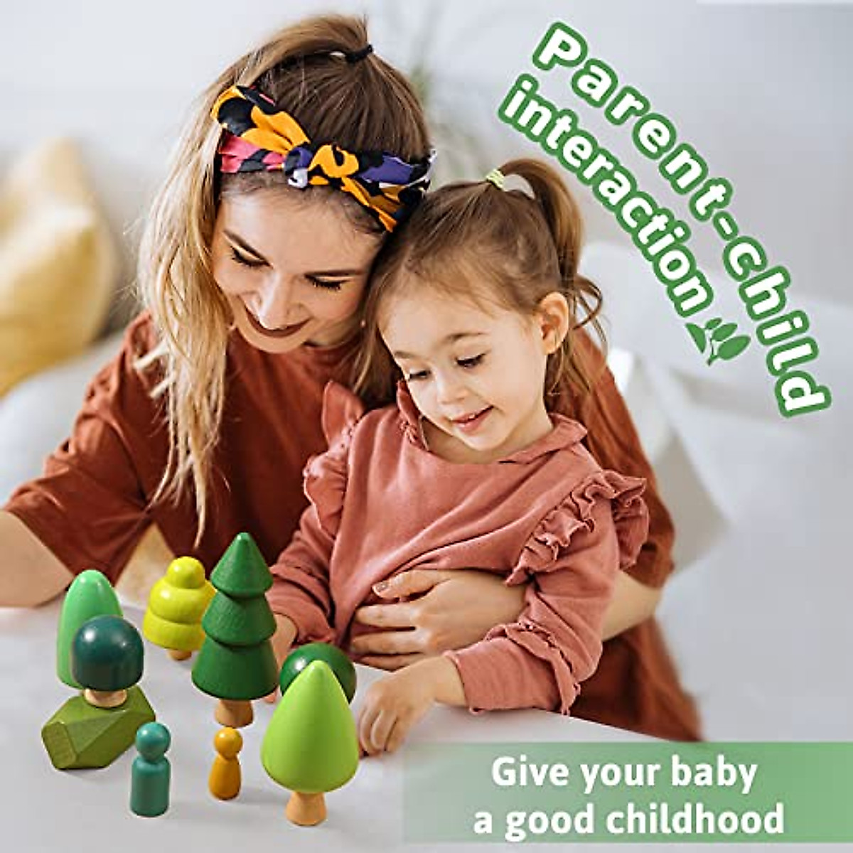 Macabaka Wooden Tree Toy Set 14 Pieces Wooden Sorting Stacking Balancing Stone Rocks Natural Wooden Mini Trees for Home Decor, Cake Topper and Montessori Toys