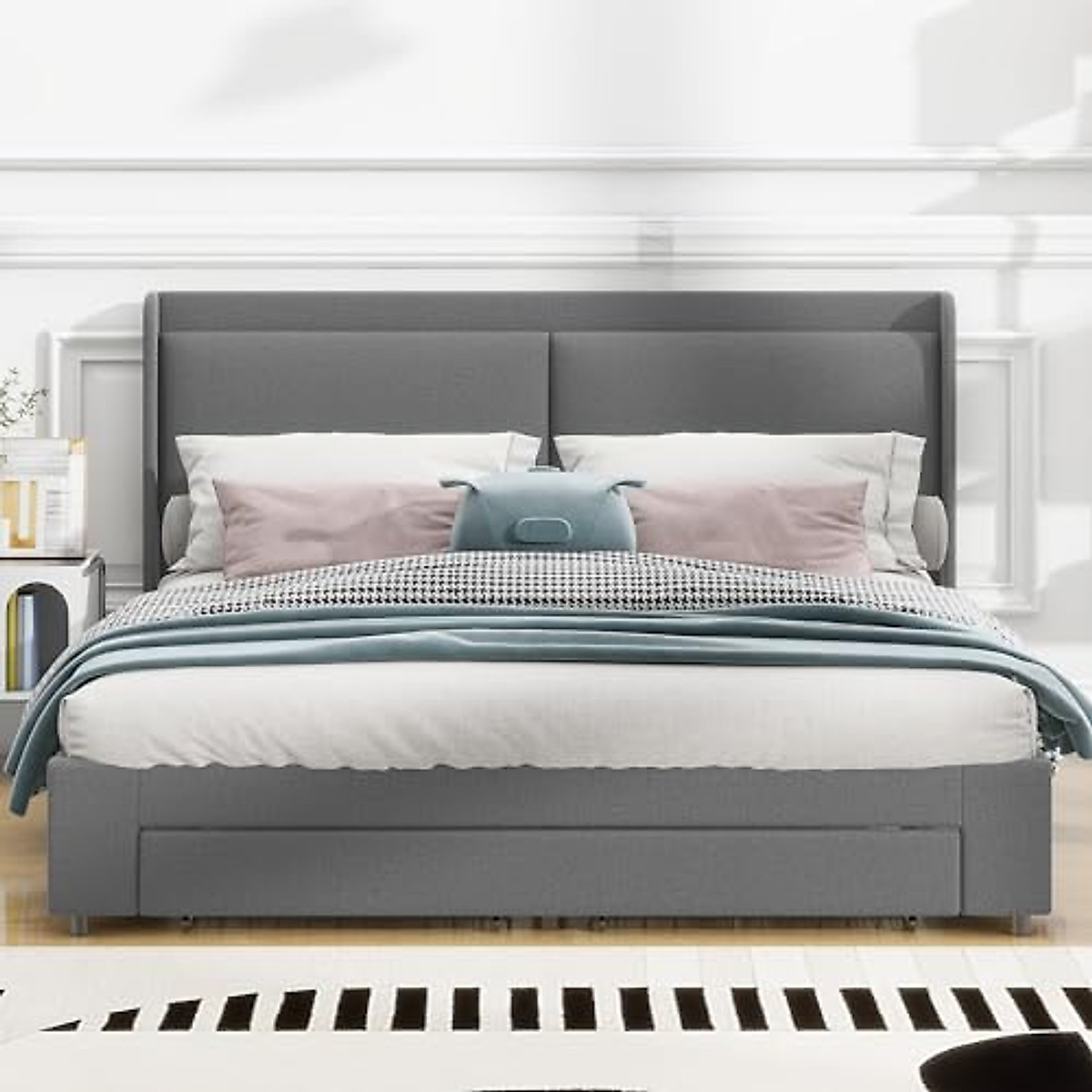 BOVZA Queen Size Lift Upholstered Platform 2 Drawers, Modern Wingback Headboard, Hydraulic Storage Bed Frame, Linen Gray