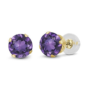 Gem Stone King 14K Yellow Gold Purple Amethyst Stud Earrings | 0.90 Cttw | Gemstone Birthstone | Round 5MM | Gold Earrings For Women