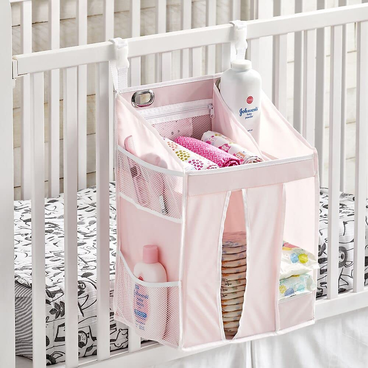 mDesign Baby Nursery Hanging Storage Organizer Caddy and Diaper Stacker for Baby Essentials, Hang on Crib, Changing Table or Wall - Multiple Pockets to Store Wipes, Creams, Lotions,Toys - Light Pink