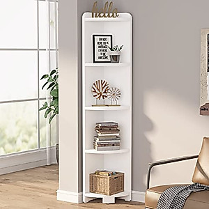 Tribesigns White Corner Shelf, 5 Tier Wood Wall Corner Bookshelf with Anti-Slip Pad, Corner Storage Rack Shelves Display Plant Flower, Stand Ladder Bookcase for Home Office Kitchen Bedroom