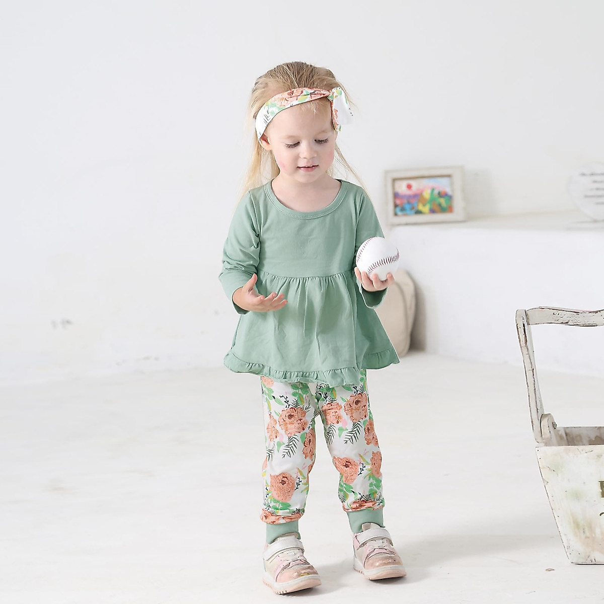 Kulcerry Toddler Baby Girl Clothes Solid Color Long Sleeve Ruffle Tops Floral Pants Headband Outfits Set (12-18 Months, Green
