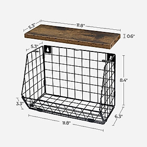 2 Pack Stackable Fruit Baskets with Wood Lid for Kitchen Counter, Wall-Mountable Hanging Wire Baskets with 4 Banana Hanger Hooks, Kitchen Organizers and Storage for Vegetable Onion Potato