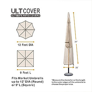 ULTCOVER Patio Umbrella Parasol Cover - 600D Waterproof Outdoor Market Umbrella Cover - Fits Market Umbrella Up to 12 Feet
