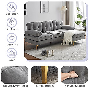 P PURLOVE Modern 3 Seater Sectional Sofa, L Shape Sofa with Comfortable Soft Back and Armrest, Modern Luxury Velvet Couch with Strong Metal Legs for Living Room Bedroom (Light Grey)