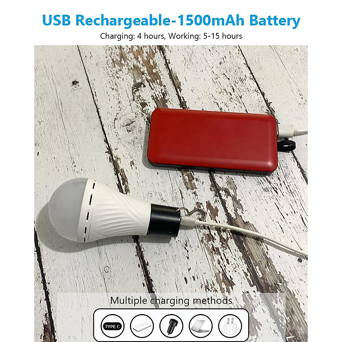 USB Rechargeable Light Bulb Auto On Off Light Bulbs, 4 Light Modes, 1500mAh Rechargeable LED Camping Lights for Camping, Hiking, Emergency, Backpacking, Fishing, 2 Packs