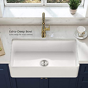 KIBI K2-SF36 Single Bowl Heat Safe Glazing Fireclay Farmhouse Kitchen Sink Apron Front 36 inch with Bottom Grid and Strainer (Pure series) (White)