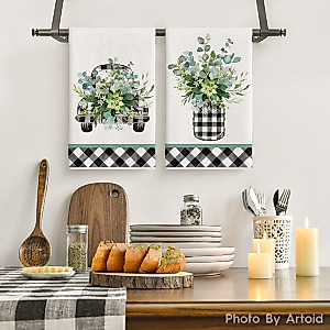 Artoid Mode Buffalo Plaid Eucalyptus Home Sweet Home Kitchen Towels Dish Towels, 18x26 Inch Seasonal Decoration Hand Towels Set of 4