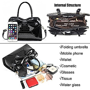 XingChen Shiny Women Handbag Patent Leather Bowknot Purse Charm Glossy Top-Handle Satchel Tote Fashion Shoulder Bag(Black)