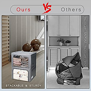 Stackable Clothes Storage Box for Clothing Gadgets,Steel Frame Storage Bins for Bedding Blankets Toys Gift,Foldable Oxford Fabric Closet Organizer Bag Set with Carry Handles and Clear Window (Medium- 40L x3 Pack, Grey)