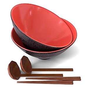 KooK Ceramic Japanese Ramen Bowl Set, with Wooden Spoons and Chopsticks, Noodle Soup Bowl, Microwavable, for Udon Soba Pho Asian Noodles, 60 oz, Black/Red, Set of 2