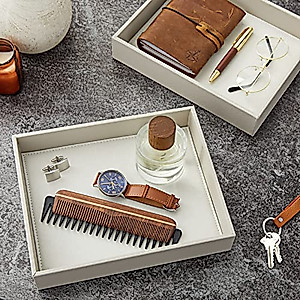 Juvale 2 Pack Faux Leather Valet Tray for Men, Velvet Catchall Organizer for Entryway, Nightstand, Keys, Wallet (Cream, 10 x 8 x 2 In)