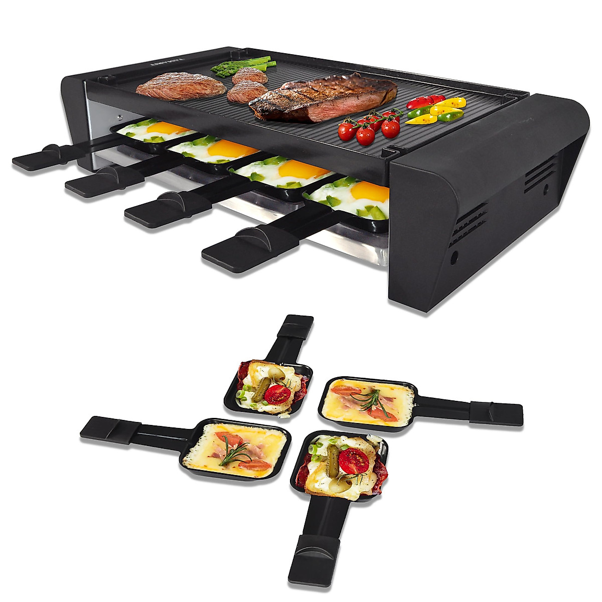 TAMARIT Raclette Table Grill 3-in-1 Electric Grill Portable, Korean BBQ Grill Indoor with 8 Paddles, Dishwasher Safe Reversible Non-stick Aluminum Plate & Grill Stone for Parties and Family Gatherings