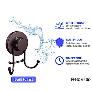 HOME SO Suction Cup Hooks for Shower, Bathroom, Kitchen, Glass Door, Mirror, Tile – Loofah, Towel, Coat, Bath Robe Hook Holder for Hanging up to 15 lbs – Rustproof Bronze Stainless Steel (2-Pack)