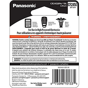 Panasonic CR2450 3.0 Volt Long Lasting Lithium Coin Cell Batteries in Child Resistant, Standards Based Packaging, 1-Battery Pack