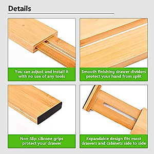Diosbles 6 Pack Bamboo Drawer Dividers, Adjustable Kitchen Drawer Divider, Expandable Drawer Organizer Kitchen Utensils, Spring Loaded Drawer Organizers for Clothing (2.36" High, 13.86"-18.9")