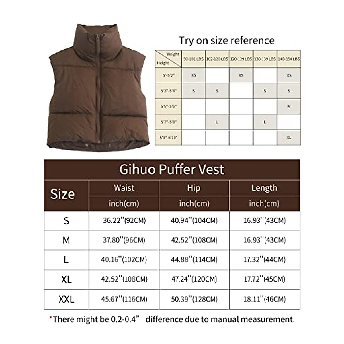 Gihuo Womens Quilted Cropped Puffer Vest Gilet Warm Padded Full Zip Lightweight Puffy Vest Short Sleeveless Jacket(Coffee-M)