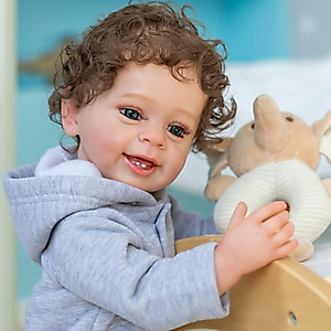 ROSHUAN Reborn Baby Boy 22 inch Anatomically Correct Baby Boy Doll Silicone Full Body Realistic Boy Toddler Baby Dolls Curly Hair with Teeth for Boys Girls Gift