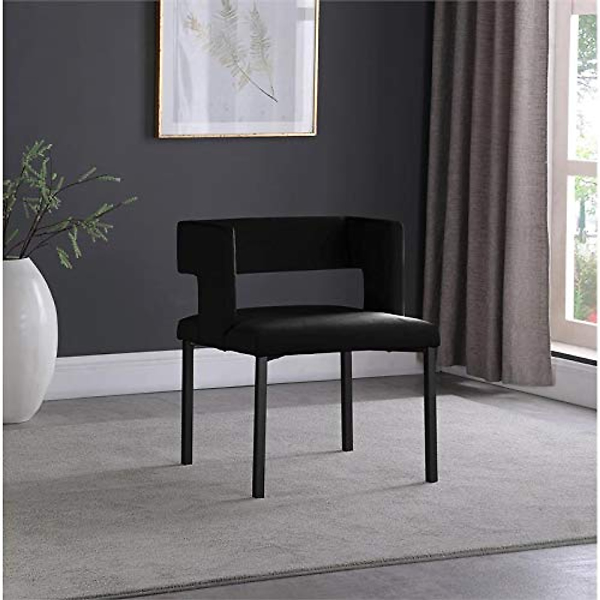 Meridian Furniture Caleb Collection Modern | Contemporary Upholstered Dining Chair with Unique Squared Back and Sturdy Iron Legs, Set of 2, 23" W x 21" D x 30" H, Black Velvet, Matte Black