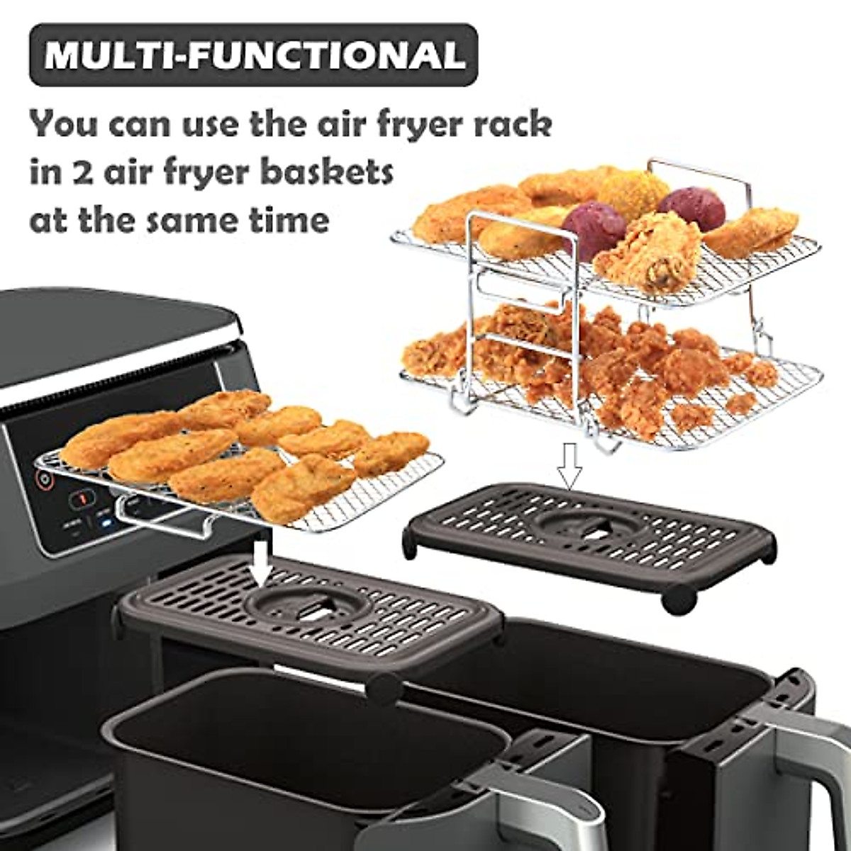 2 Pack Air Fryer Rack for Ninja Dual Air Fryer with Air Fryer Magnetic Cheat Sheet Air Fryer Accessories for Ninja Foodi 304 Stainless Steel Multi-Layer Stackable Dehydrator Air Fryer Rack for Oven
