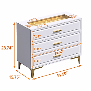 GLAUBIO Dresser for Bedroom,Jewelry Organizer with Glass Top,3 Drawer Dresser Organizer Drawer Cabinet,Small Dresser Gold Metal Legs, White