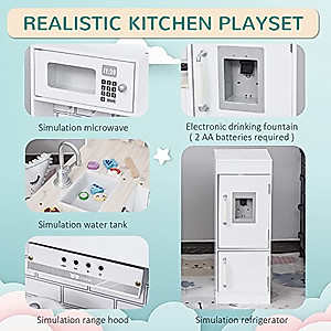 Qaba Kids Play Kitchen Set Pretend Wooden Cooking Toy Set with Drinking Fountain, Microwave, Fridge and Accessories for Age 3 Years, White