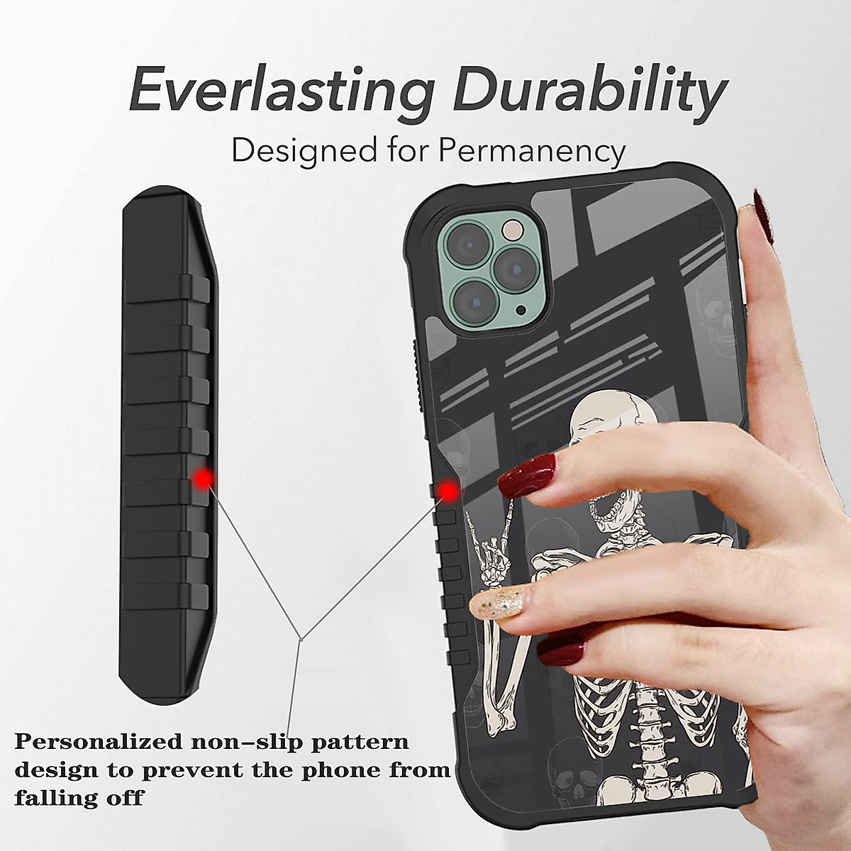 FJyuanqi Compatible with iPhone 13 Pro Max Case, Rock and Roll Skull Skeleton Bone Love Music Design Heavy Duty Anti Slip Shockproof Hard PC Back Soft TPU Prevention Protective Phone Case