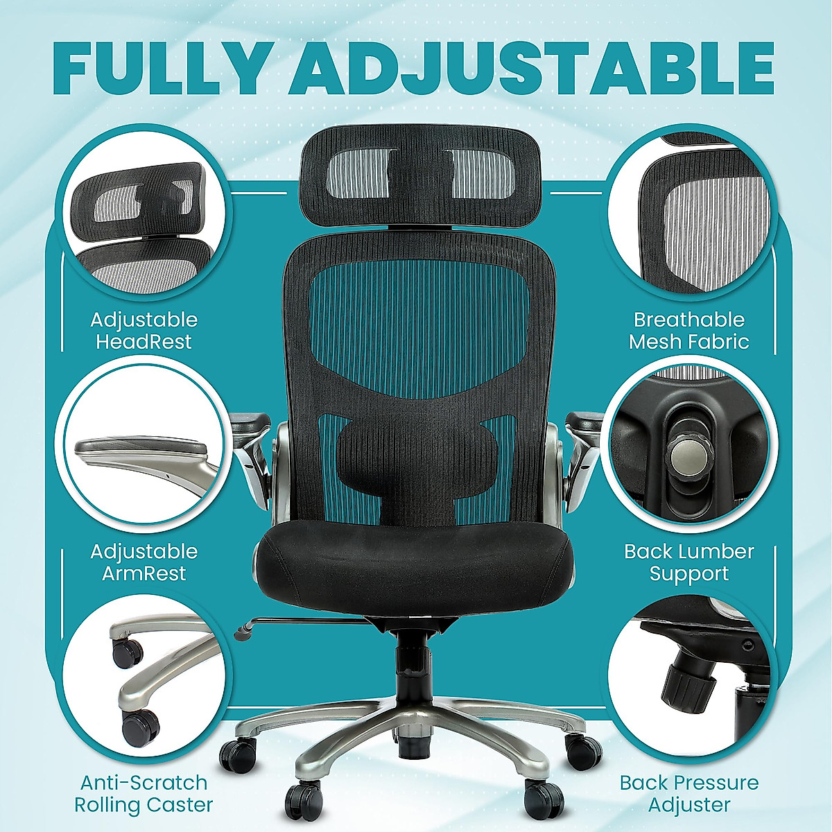 OFFICE FACTOR 500 Lbs Rated Ergonomic Big and Tall Office Chair Flip-Up arms, Mesh Office Chair, Swivel Office Chair with Anti Scratch Wheels, Mesh Executive Chair (Black with Headrest)