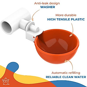 Lil'Clucker 5pc Large Automatic Chicken Waterer Cups with 1/2" PVC Tee Fittings - Chicken Water Cups, Chicken Water Feeder, for Chicks, Duck, Goose, Turkey - Poultry Waterer Feeder Kit - (Orange)