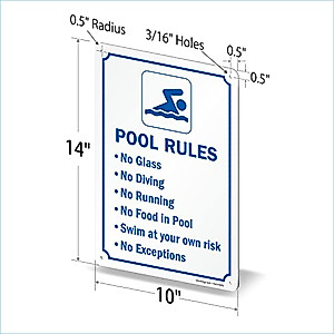 SmartSign 14 x 10 inch “Pool Rules - No Glass, No Diving, No Running…” Metal Sign, Screen Printed, 40 mil Laminated Rustproof Aluminum, Blue and White