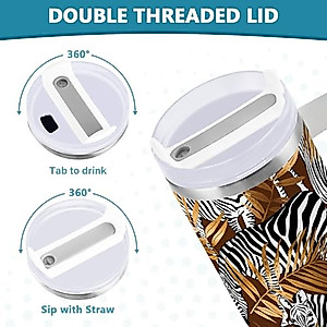 Zebra Palm Leaves Insulated Stainless Steel Water Bottle with Handle and Straw Lid Double Walled Travel Mug 40 oz