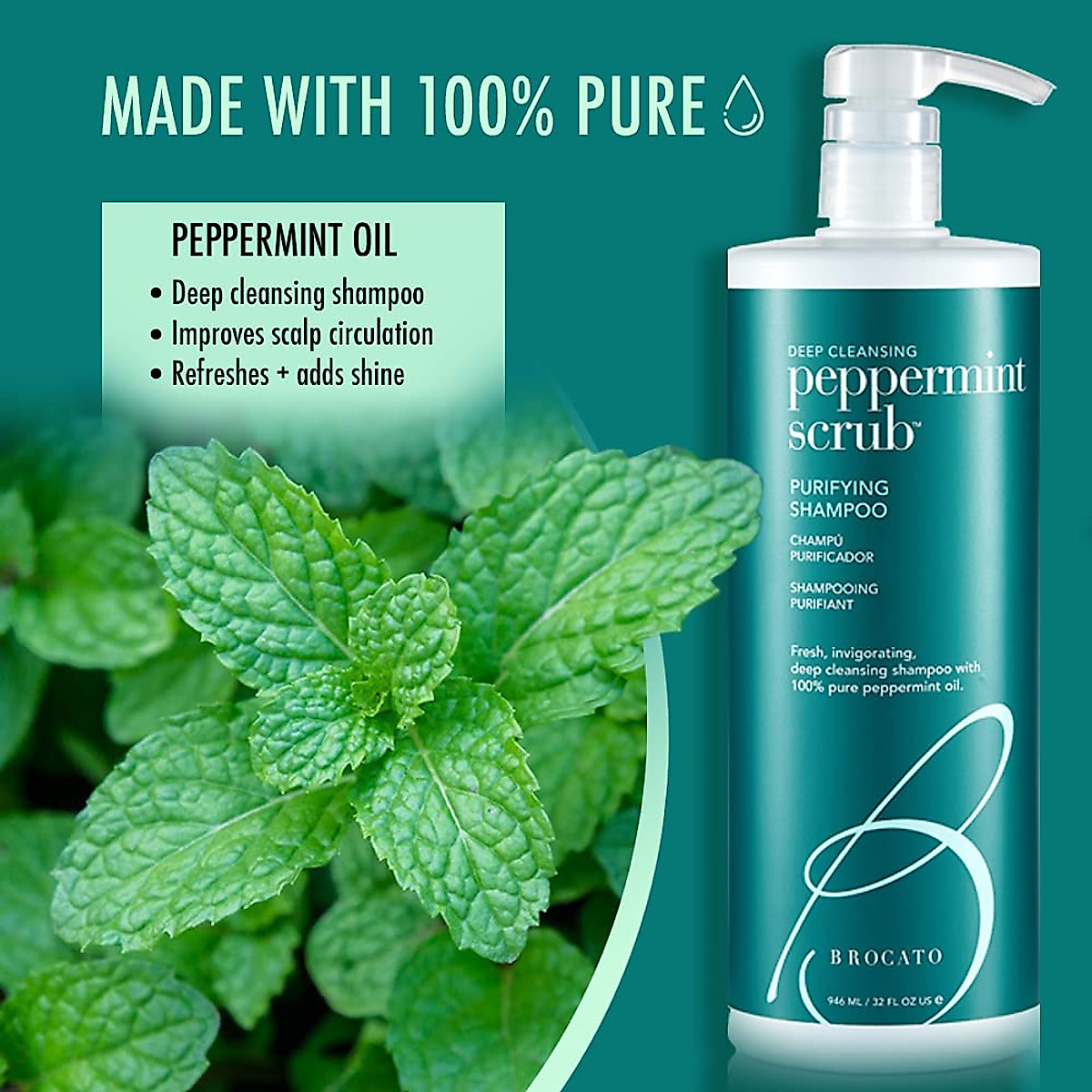 Brocato Peppermint Scrub Purifying Shampoo: Lightweight with Pure Peppermint Oil, Ideal for Oily to Normal Hair Types - Sulfate & Paraben Free, 32oz