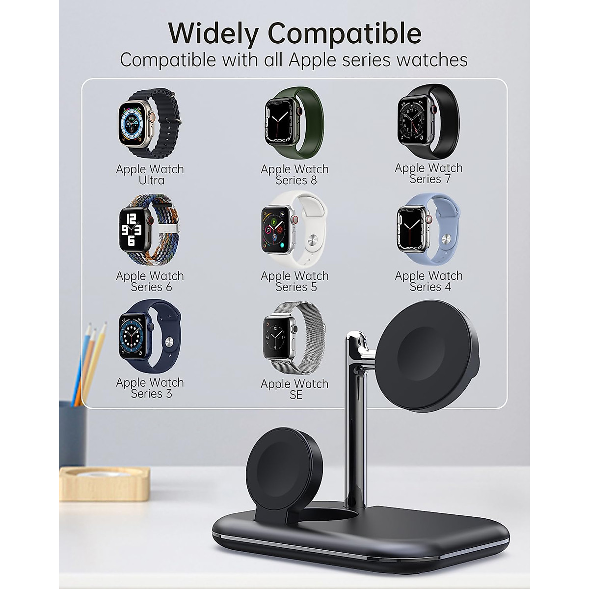 Charger Stand for Apple Watch, 2 in 1 Foldable Wireless Charging Station for Apple Watch Ultra/Ultra2/10/9/8/7/6/5/3/2/1/SE/SE2