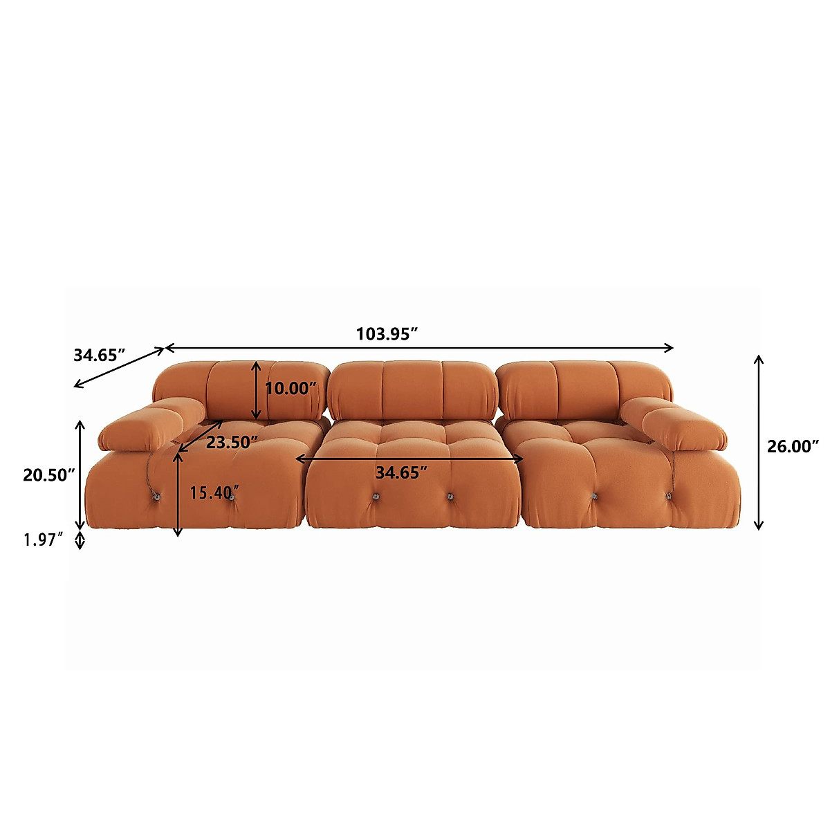 TIFLON Modular Sectional Sofa,Minimalist Velvet Sofas Couches, Modern Convertible Couch 3 Seats Living Room Sofa Sets for Office Apartment,104"(Orange)