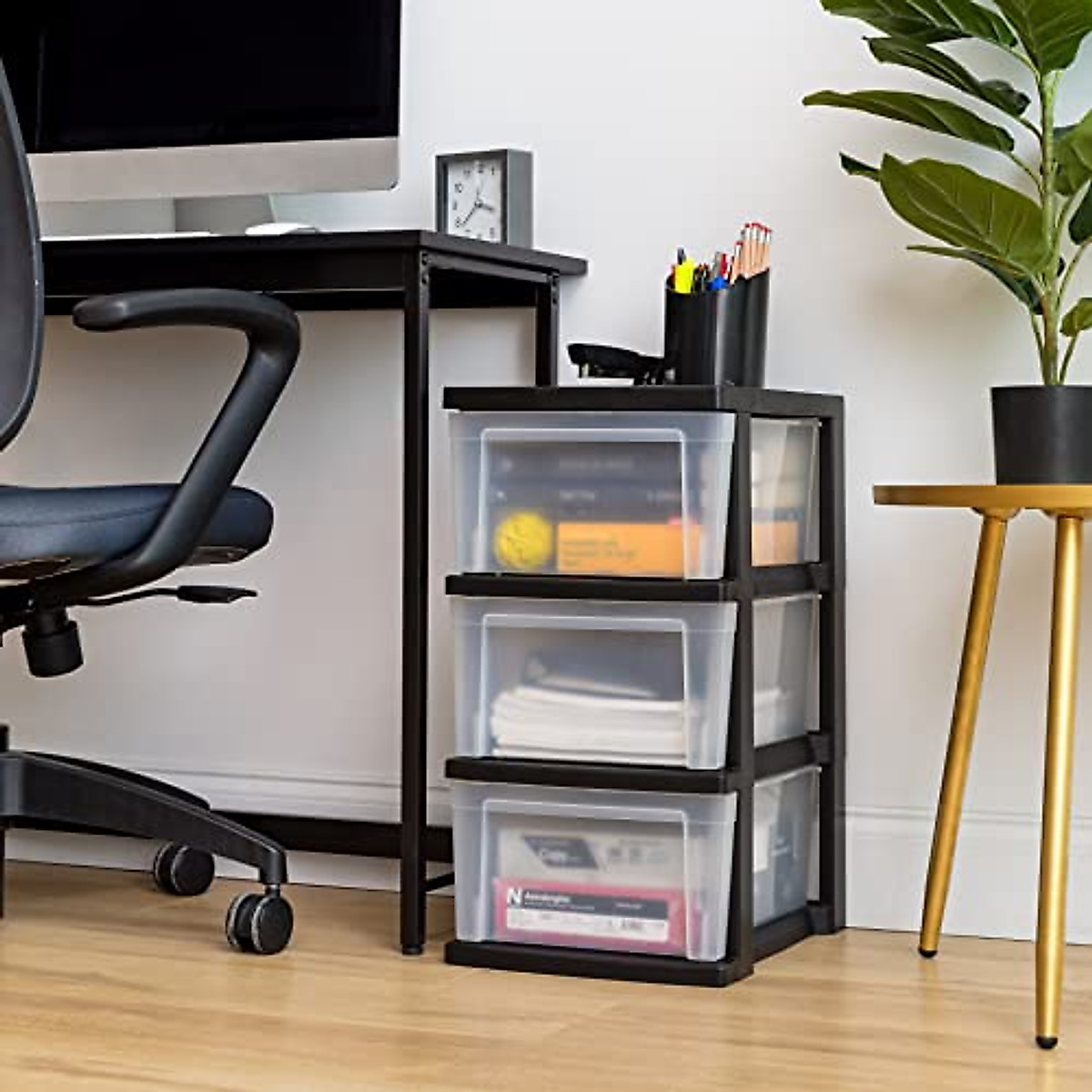 IRIS USA 3-Drawer Plastic Storage Dresser, 2-Pack, Standing Organizer Storage Container Bin with Drawers for Clothes Crafts Classroom Bedroom Dorm, Black/Clear